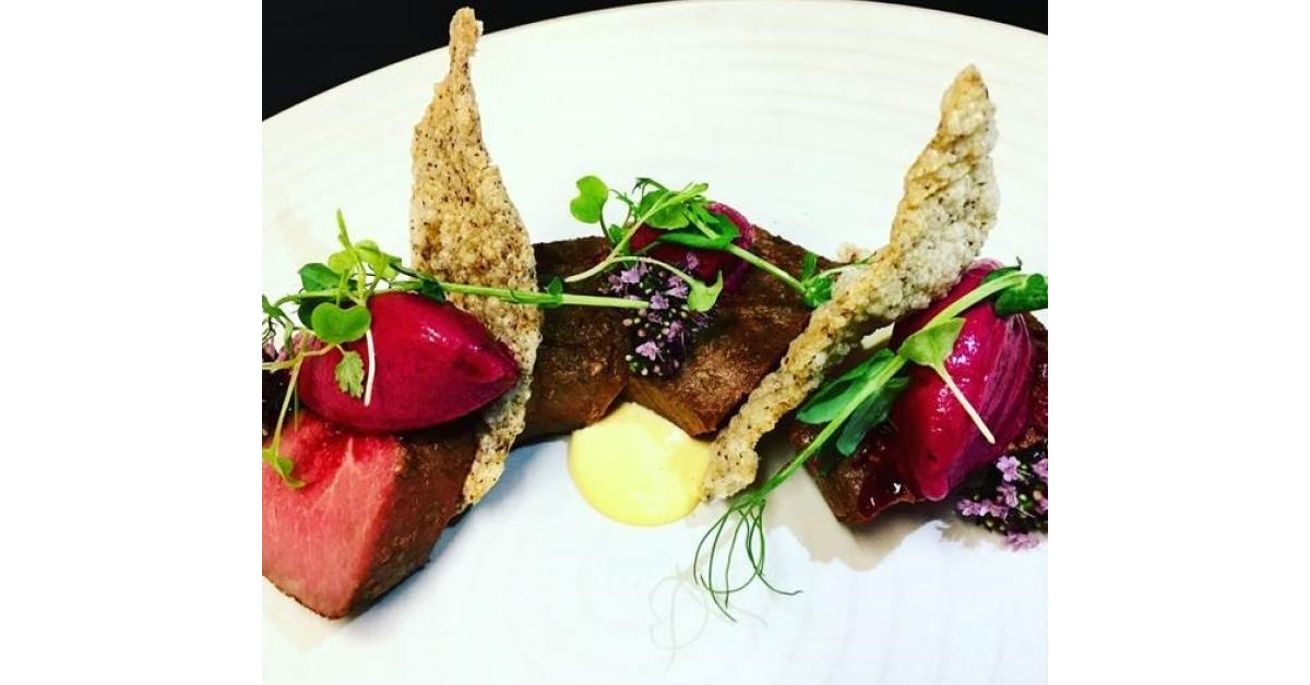 Kawakawa smoked NZ lamb with native herb, beetroot, garlic cream and ...